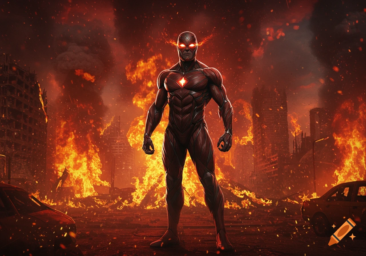 Dynamic stylized silhouette of a hero leaping from a red-orange ...