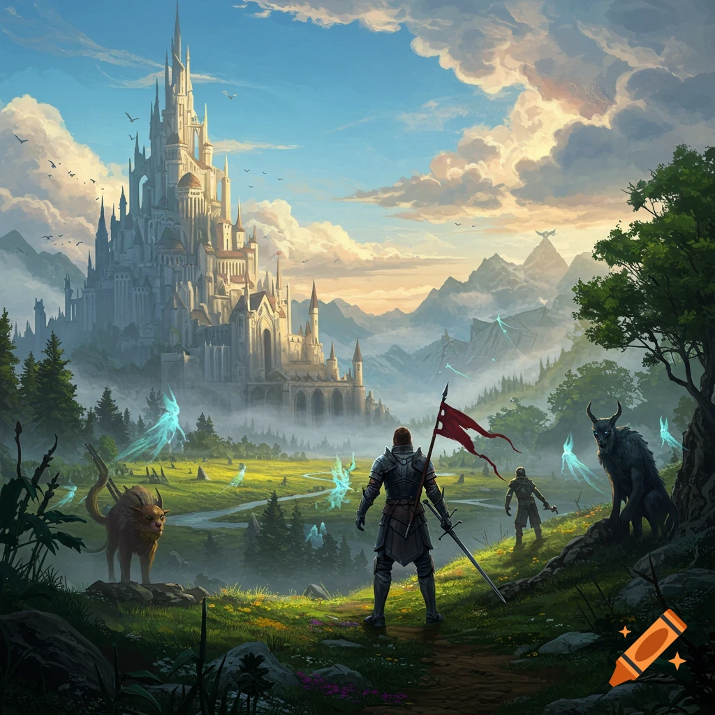 A fantasy landscape with a grand castle, knights, and mythical ...