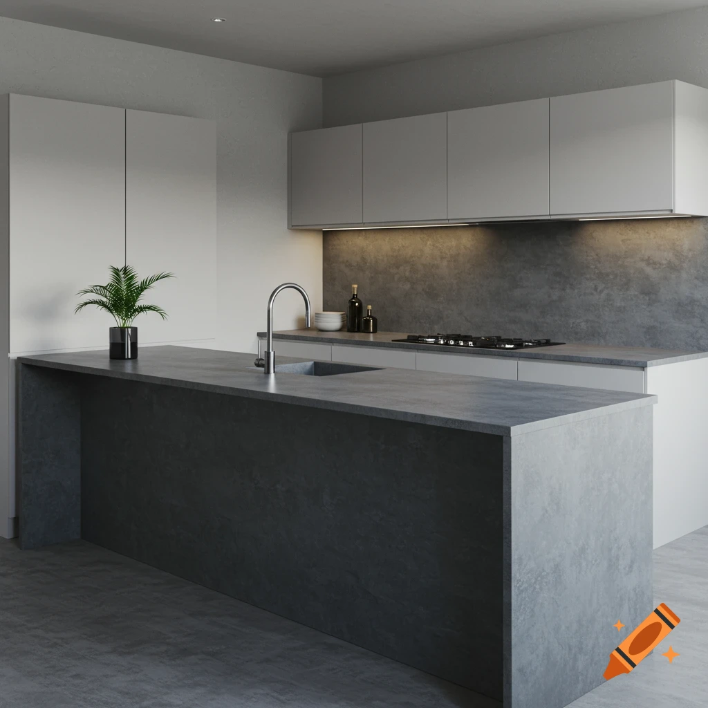 A minimalist two-tone kitchen featuring a concrete island and countertops, with light grey ...