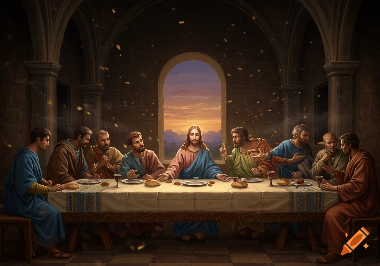A modern watercolor reinterpretation of The Last Supper showing Jesus ...