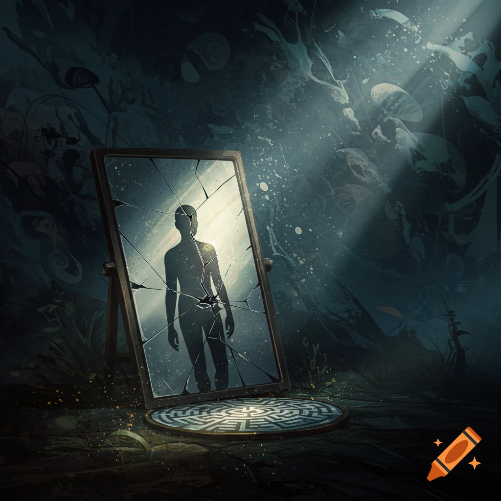 An eerie, dark room with peeling wallpaper, a chair, and a dresser. A ...