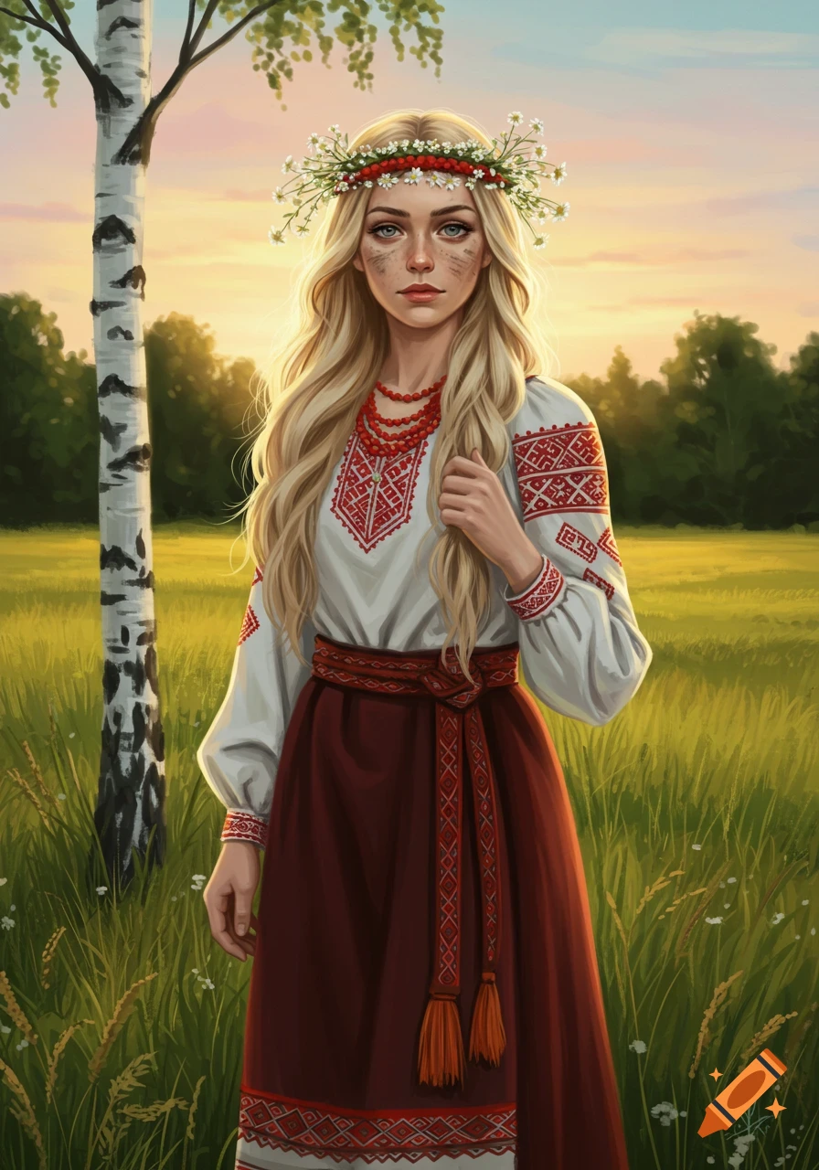 A woman with blonde hair in traditional Slavic dress and a floral ...