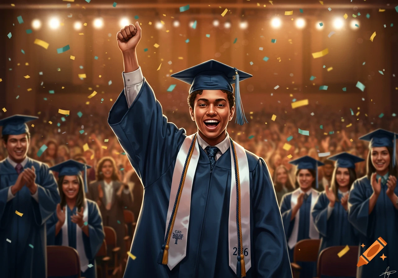 A smiling young male graduate in a dark blue cap and gown with a white ...