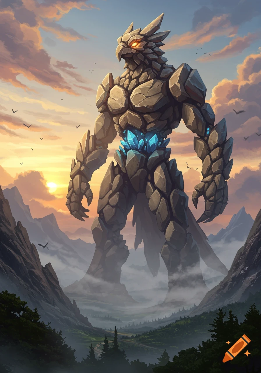 A colossal elemental stone golem with glowing lava and green crystals ...