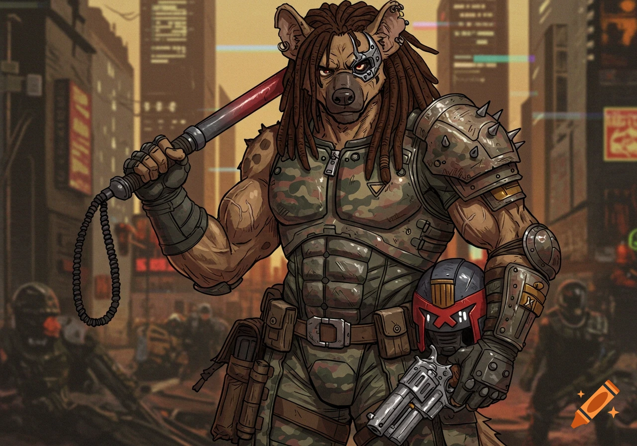 An anthropomorphic hyena in urban camo combat armor holds a shock baton ...