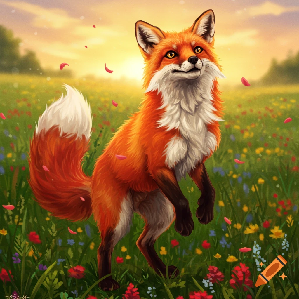 An orange fox sits in a golden field with purple flowers and trees ...