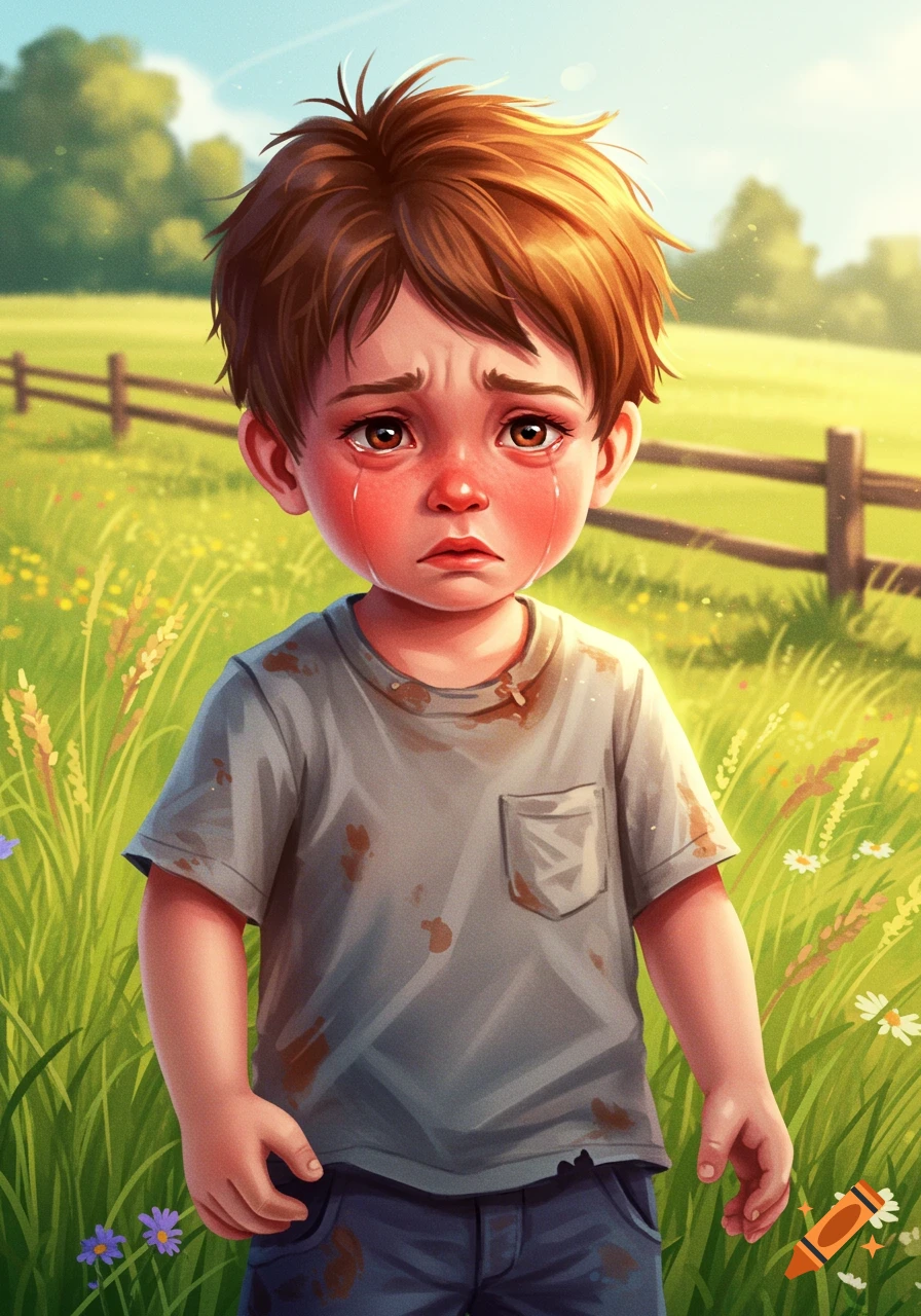 A stylized illustration of a crying little boy with a tear-streaked ...