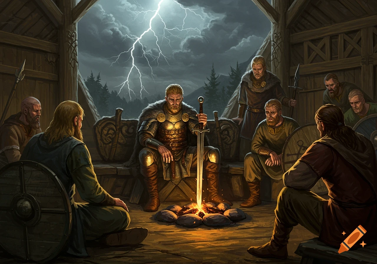 A group of Viking-like warriors, including Beowulf in armor, gathered ...