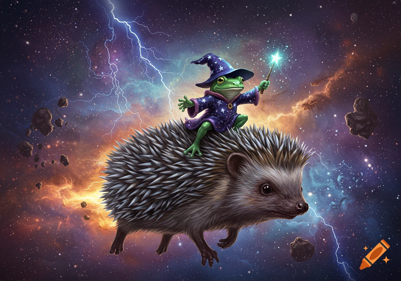 A frog wizard wearing a purple robe and hat rides a hedgehog through a ...