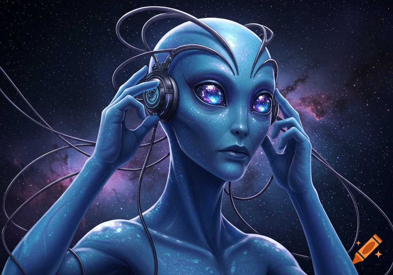 A blue alien with large cosmic eyes wears headphones, surrounded by a ...