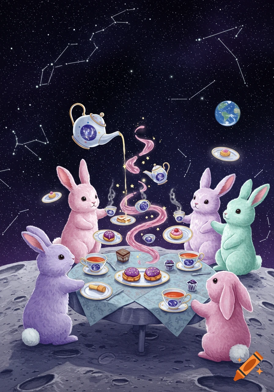 An illustration of colorful bunnies having a tea party on the moon ...