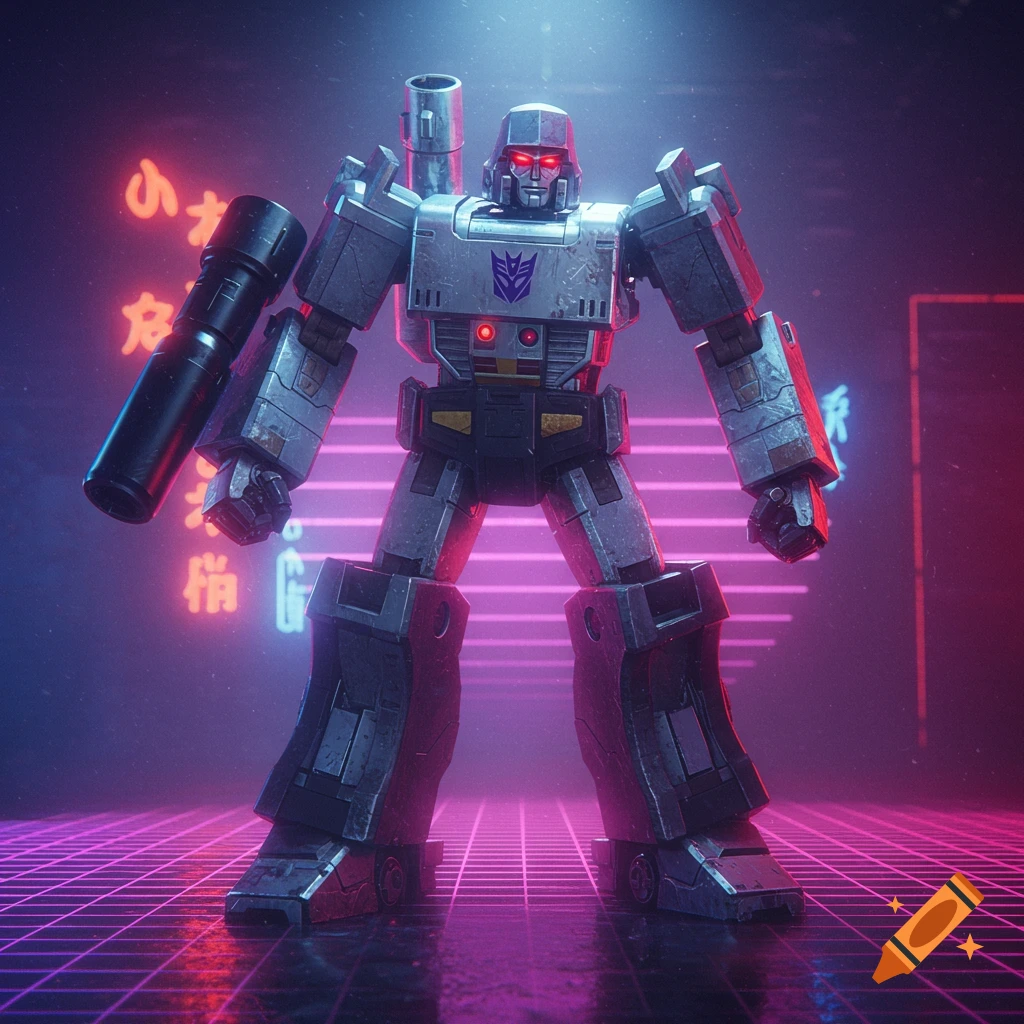 G1 Megatron robot with glowing red eyes stands on a neon grid floor ...
