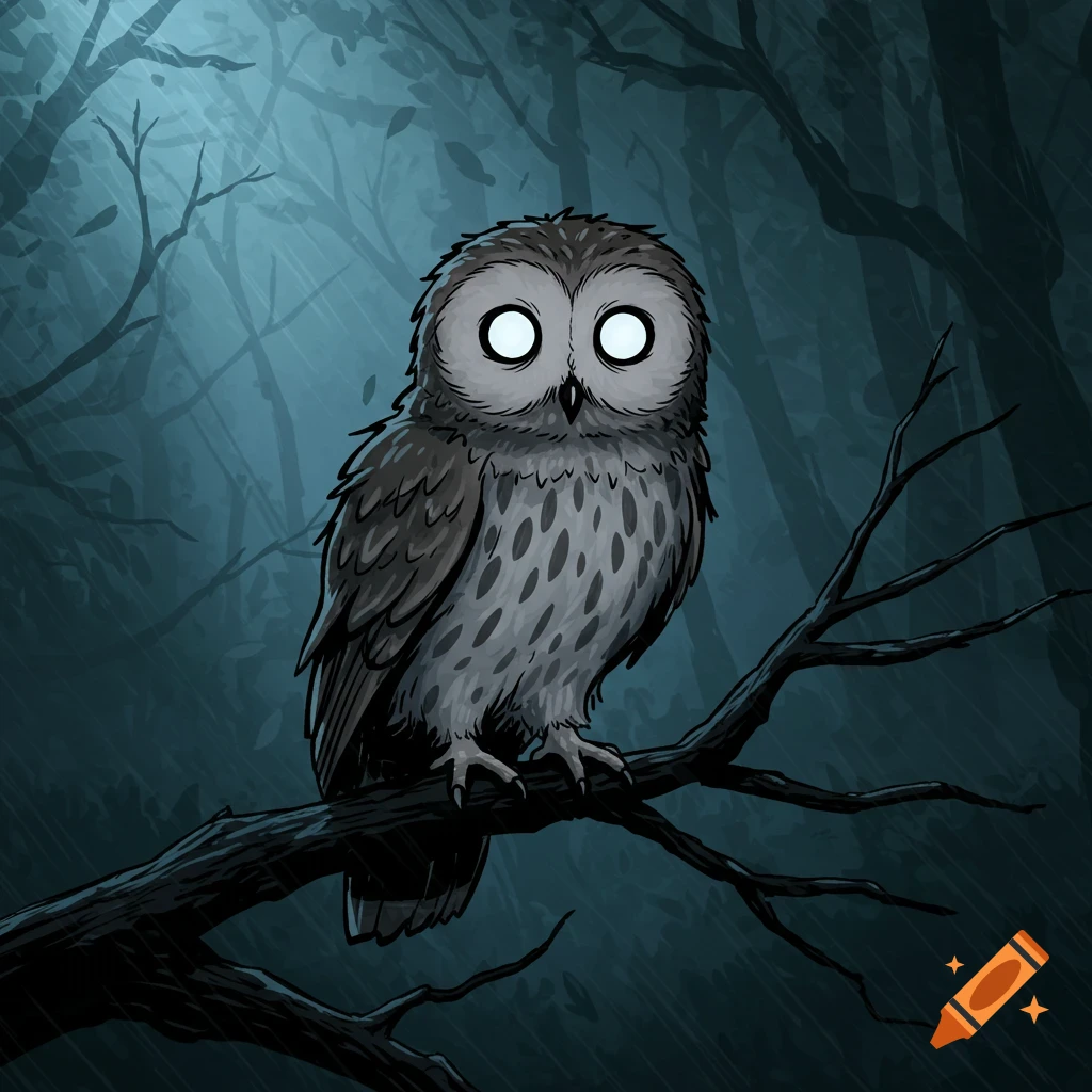 A stylized owl with large, glowing white eyes perches on a dark branch in a rainy, moonlit ...