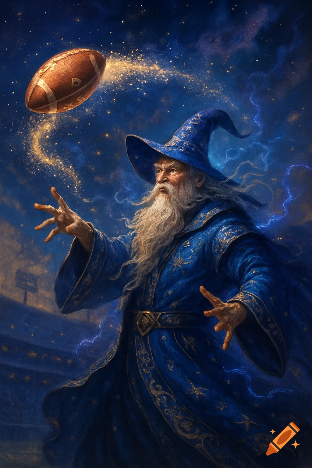 A mystical wizard in a purple robe and hat casts a spell, making an ...