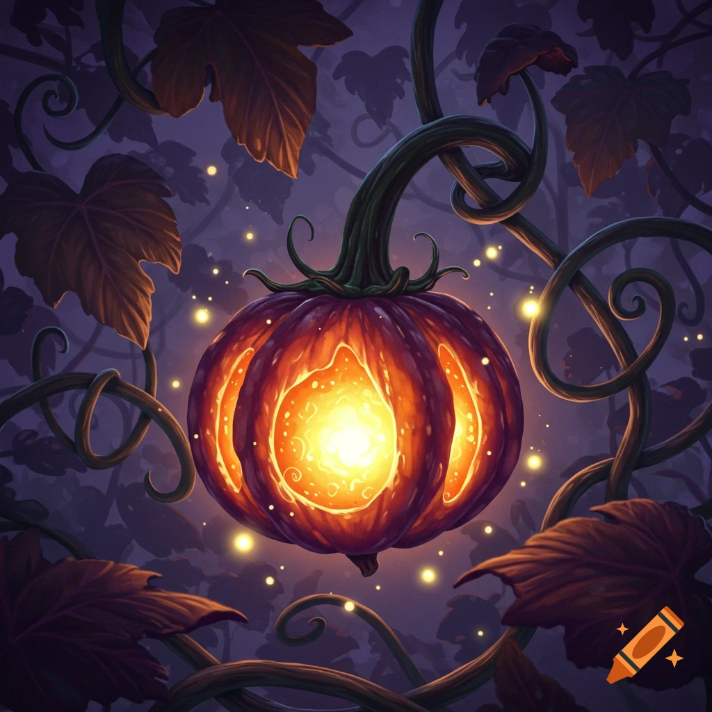 A glowing, magical purple pumpkin hangs from twisted vines and leaves in a dark, enchanting ...