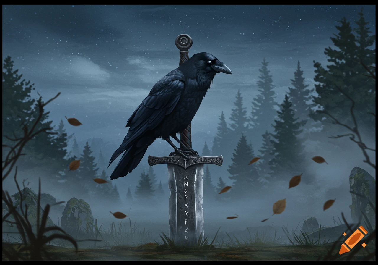 A black raven perches on an ornate sword with runes on its blade, set ...