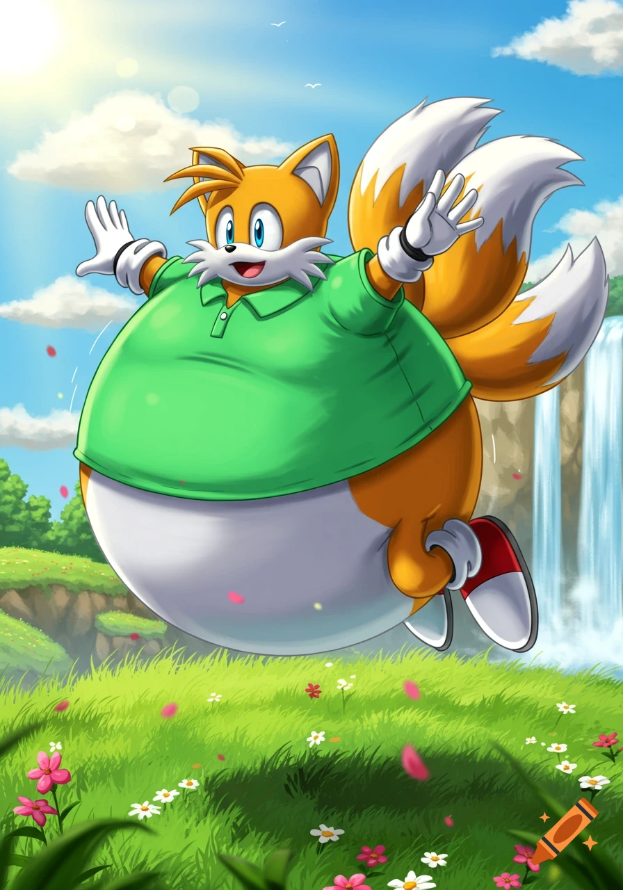 A heavily inflated cartoon fox character, resembling Tails from Sonic ...
