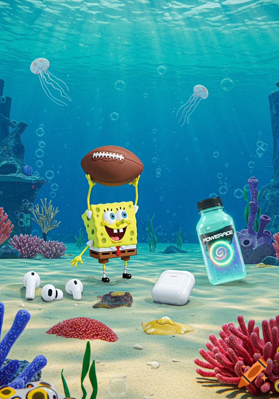 SpongeBob SquarePants holding a rugby ball underwater, with AirPods and ...