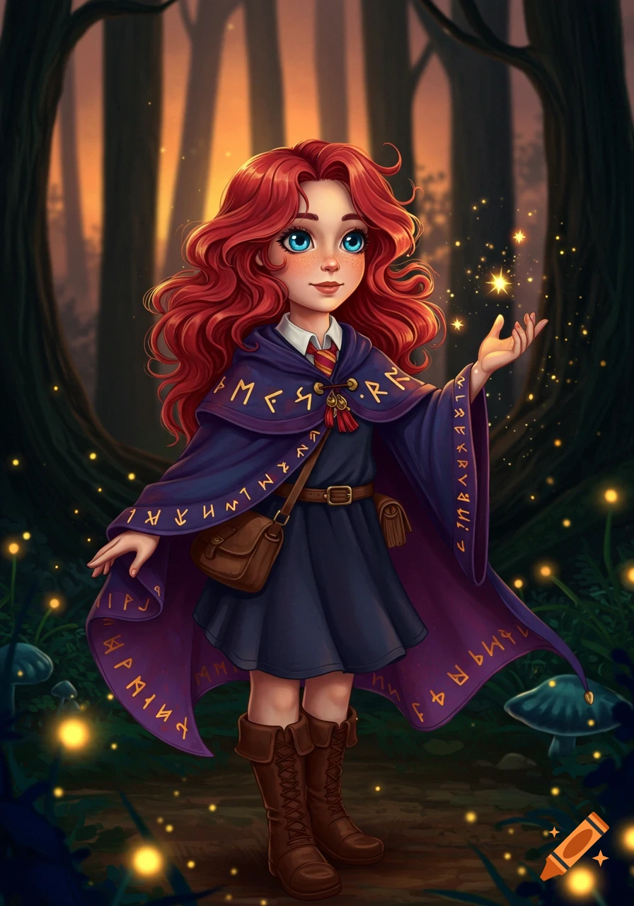 A cute, red-haired wizard girl with blue eyes and a runic cloak stands ...