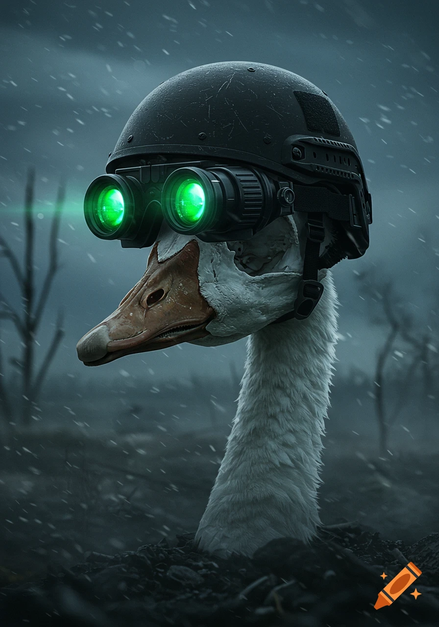 A photorealistic white goose wearing a black military helmet and ...