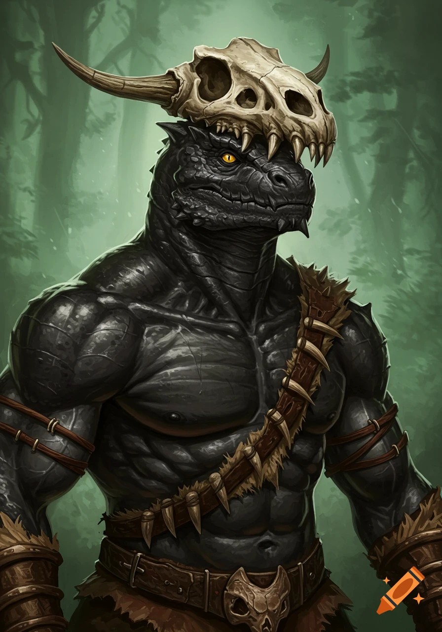 A muscular black lizardfolk RPG character portrait, wearing hides and a ...