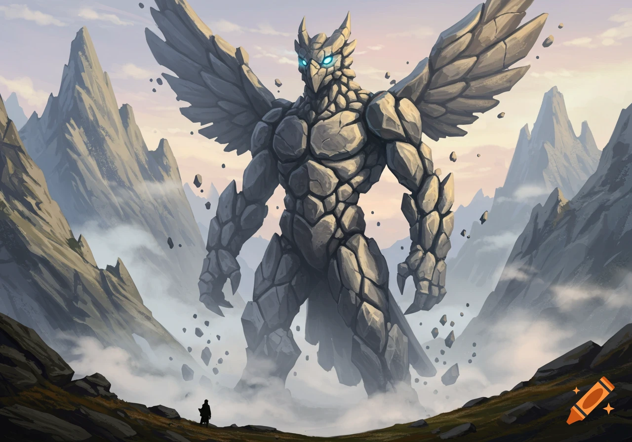 A colossal, winged rock monster with glowing eyes stands amidst misty ...