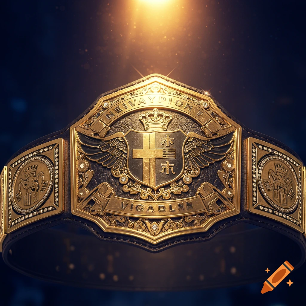 A close-up, photorealistic view of a golden championship belt with ...
