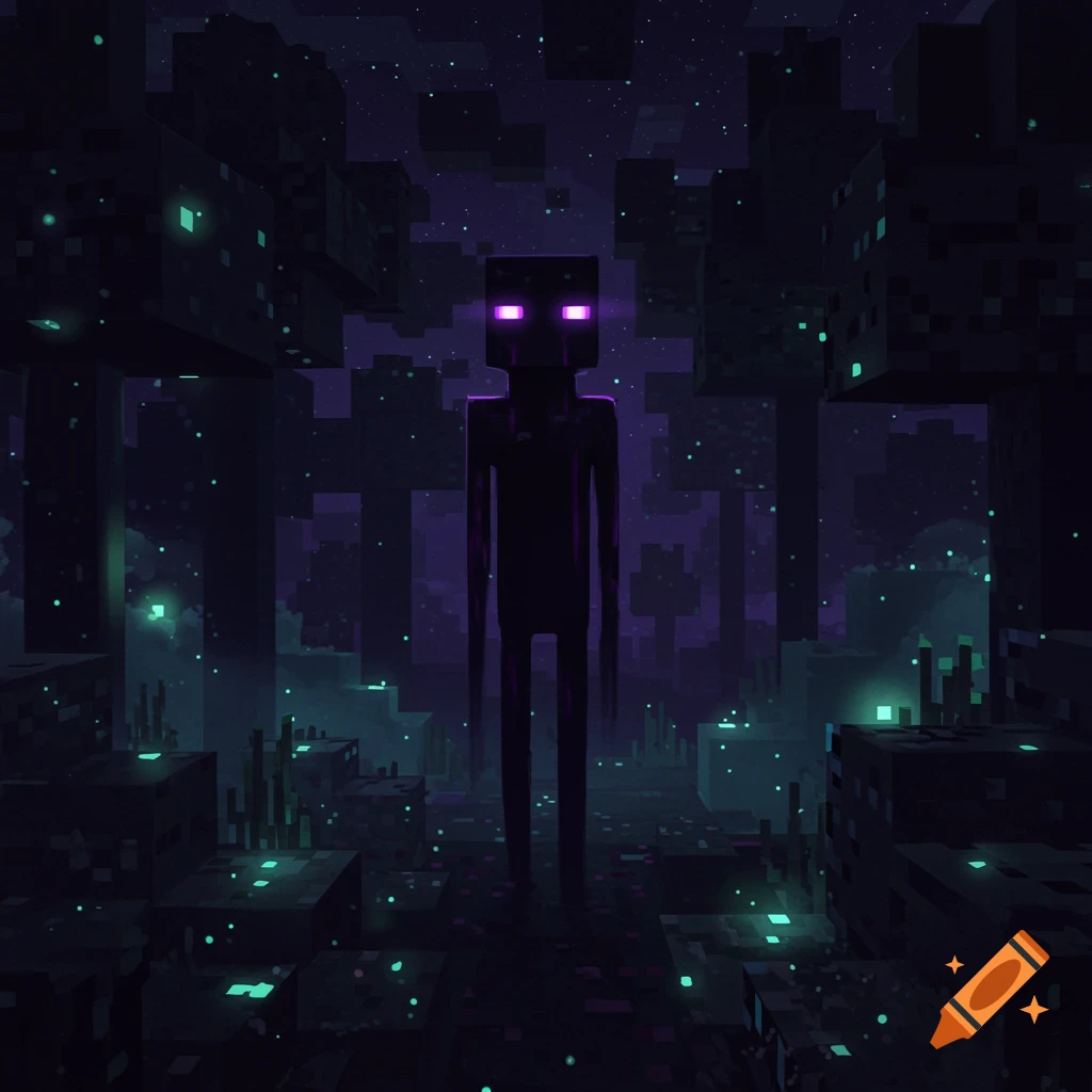 A tall, shadowy Minecraft Enderman with glowing purple eyes in a dark ...