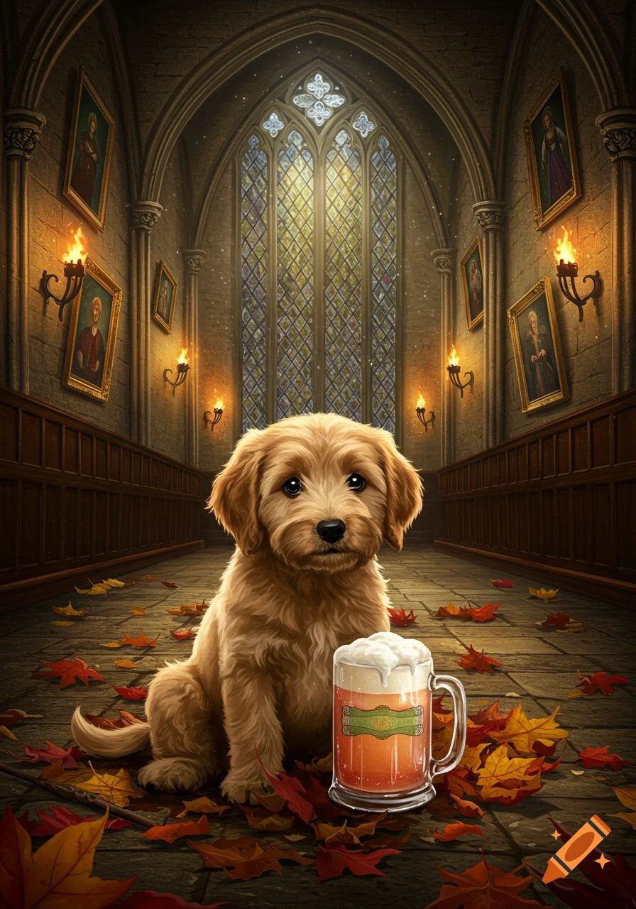 Two cartoon pugs sit at a wooden table in a dimly lit brick bar, each ...