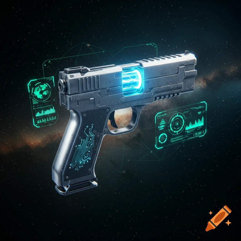 A sleek sci-fi laser pistol with glowing blue energy and circuit patterns, against a dark starry ...