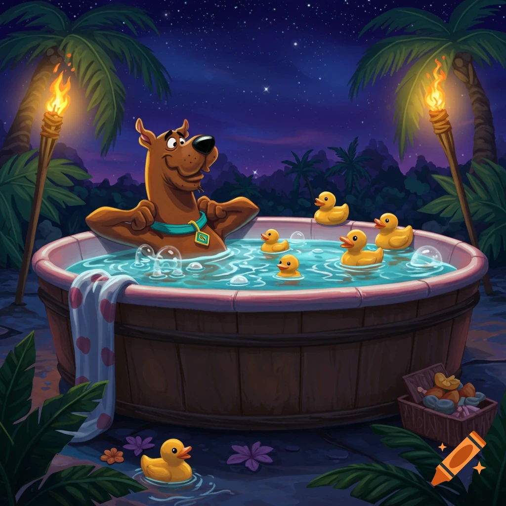 Cartoon Scooby Doo relaxing in a hot tub with rubber ducks at night ...