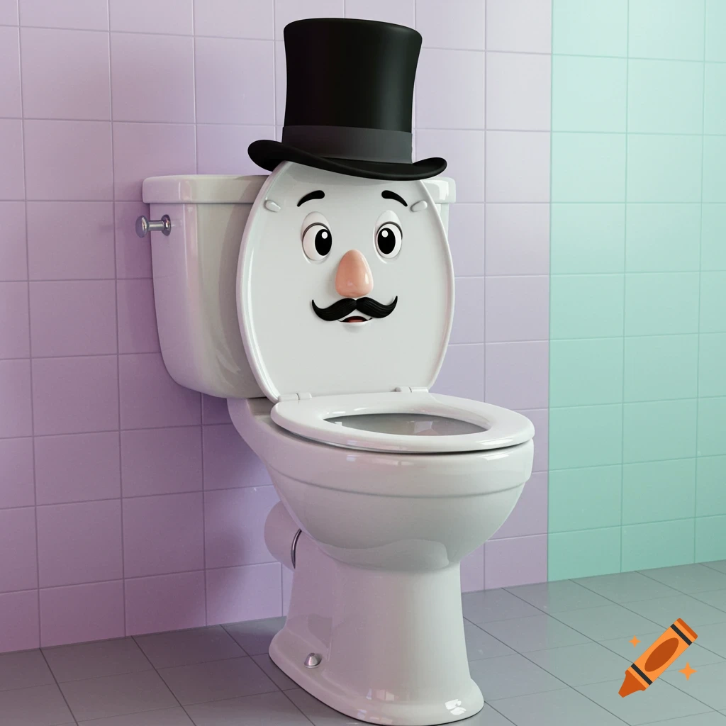 A whimsical white toilet with a cartoon face and black top hat stands ...