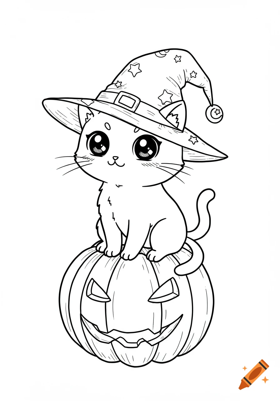 Chibi cat wearing a witch hat sitting on a pumpkin, black and white ...