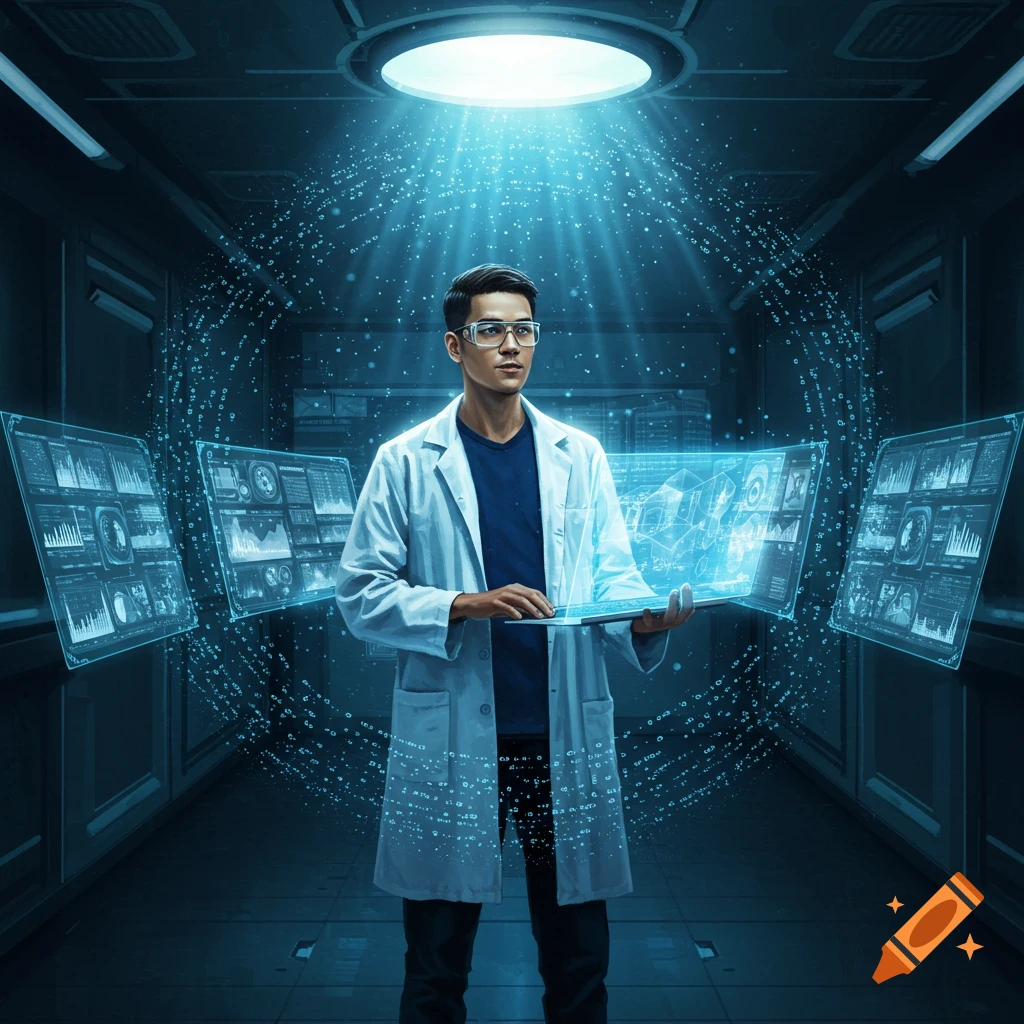 A man in a lab coat and glasses holds a glowing holographic laptop ...