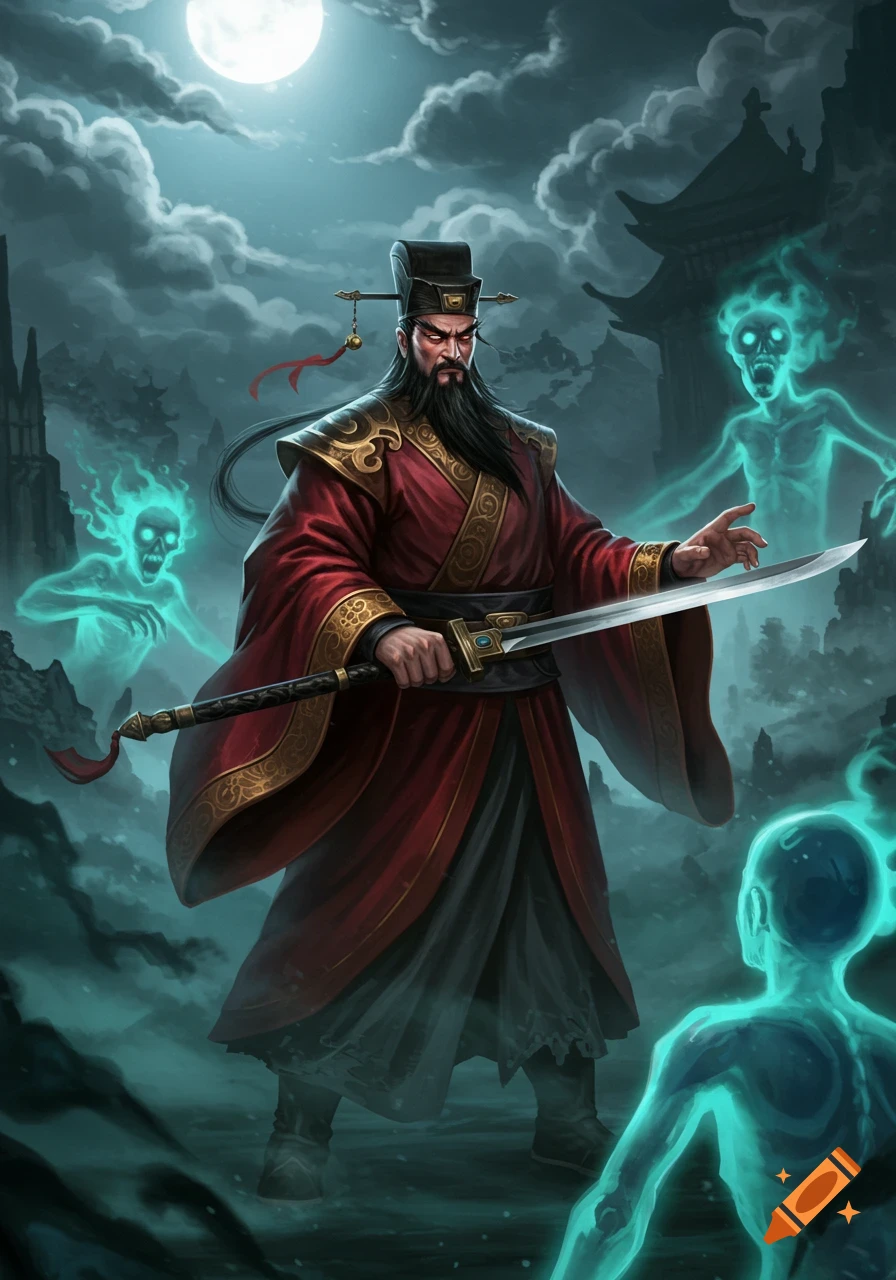 A Chinese folklore figure in red robes holding a sword, confronting ...