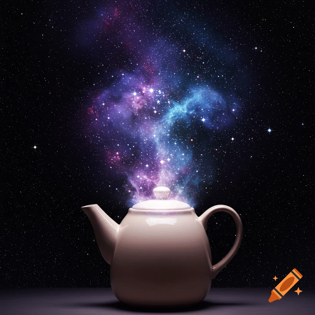A white teapot sits on a dark surface, emitting a vibrant purple and ...