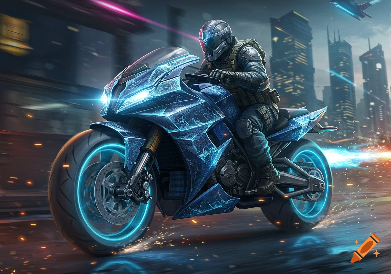 A person on a sleek black motorcycle speeds through a neon-lit ...