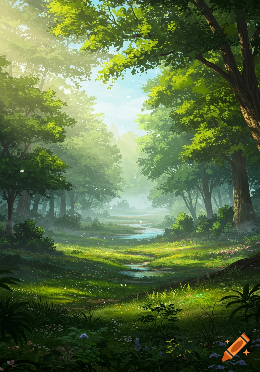 A wooden bench in a sunlit forest clearing with green grass ...