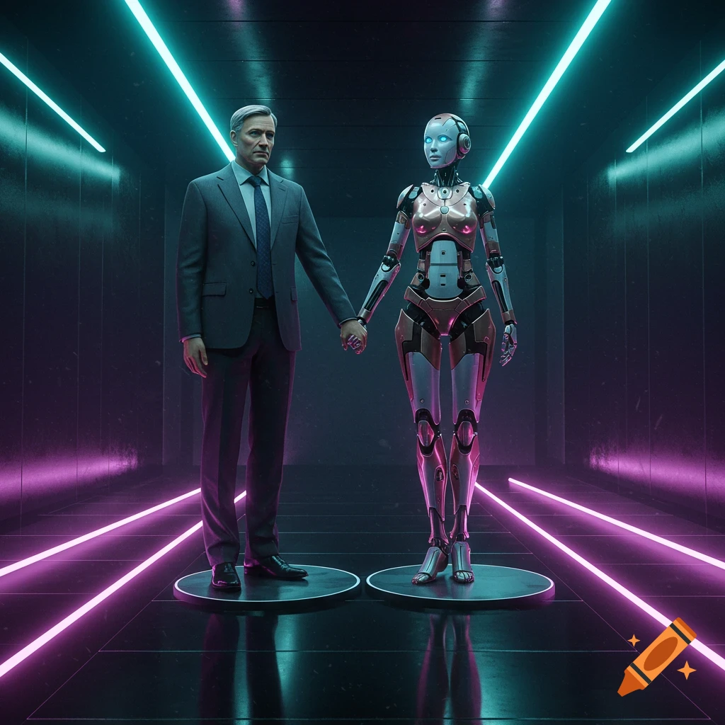 A photorealistic humanoid robot plays chess in a dark, futuristic room ...
