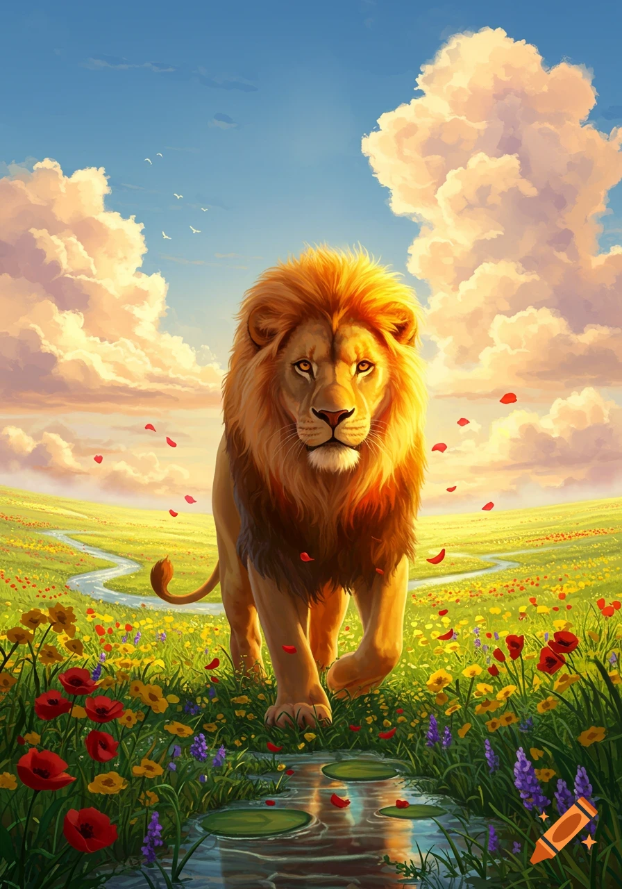 A majestic male lion and its cub stand on a rocky cliff overlooking a ...