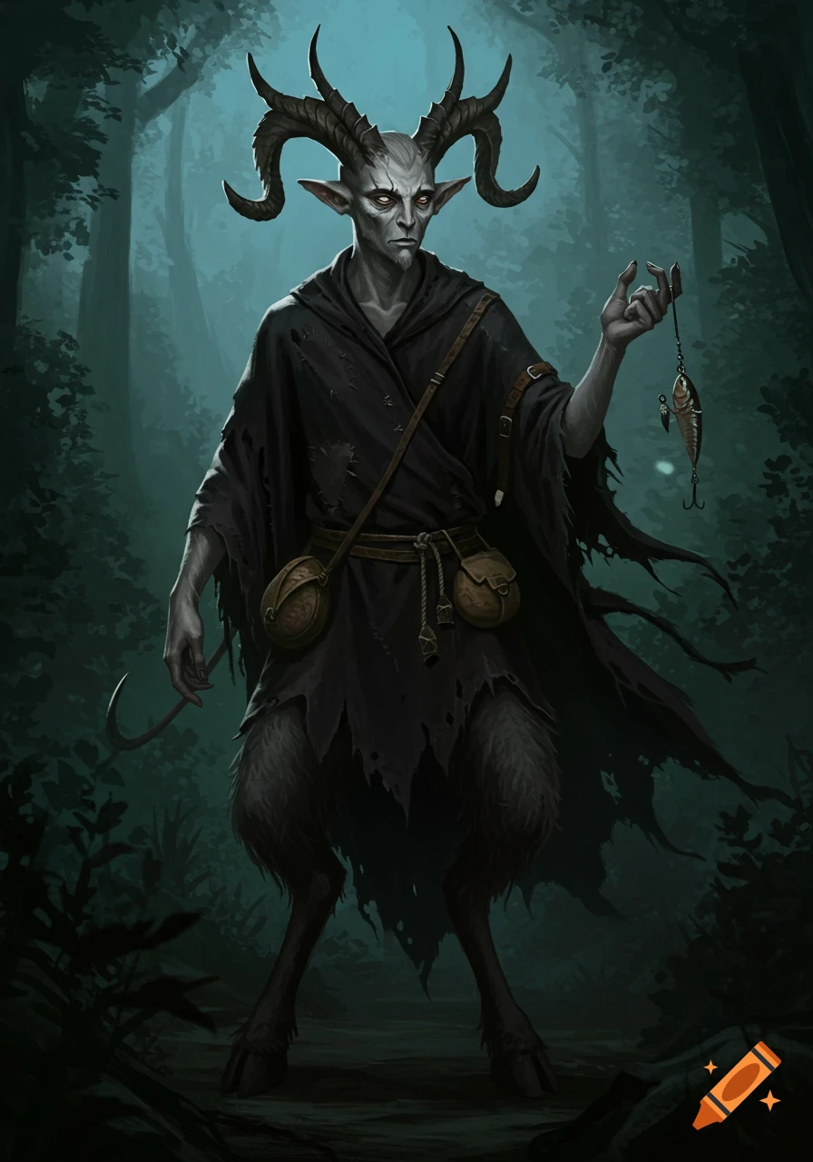A grey-skinned satyr with large horns and goat legs wears tattered ...