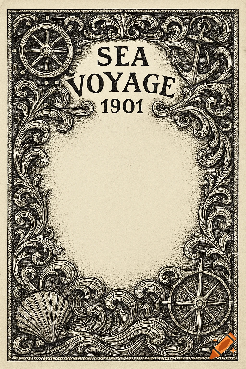 Black and white vintage ornate frame with nautical elements like a ship ...