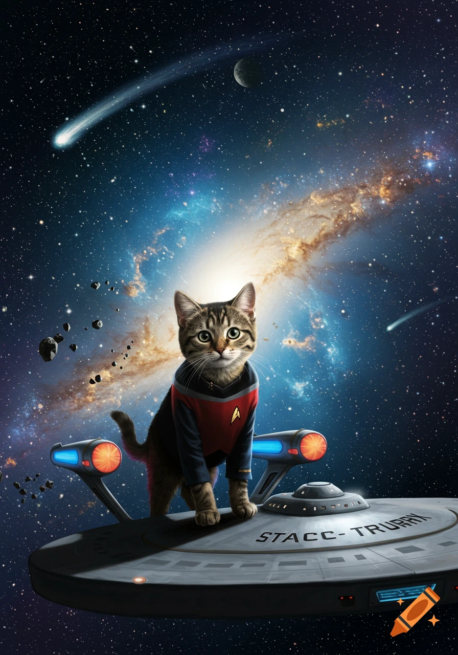 A tabby cat in a red Star Trek uniform stands on the USS Enterprise in ...