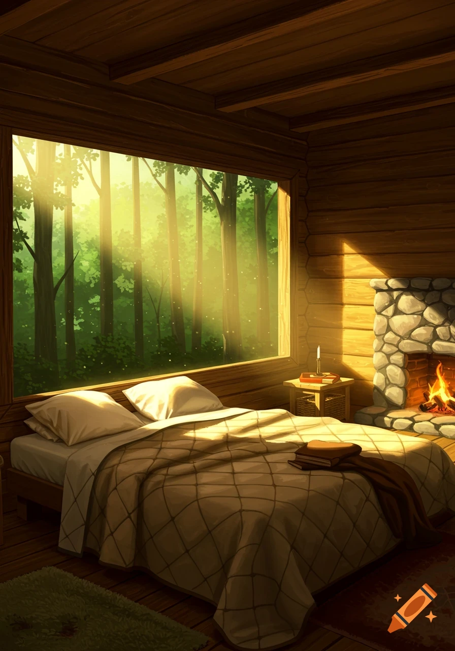 A cozy cabin bedroom with a bed, a stone fireplace, and a large window ...