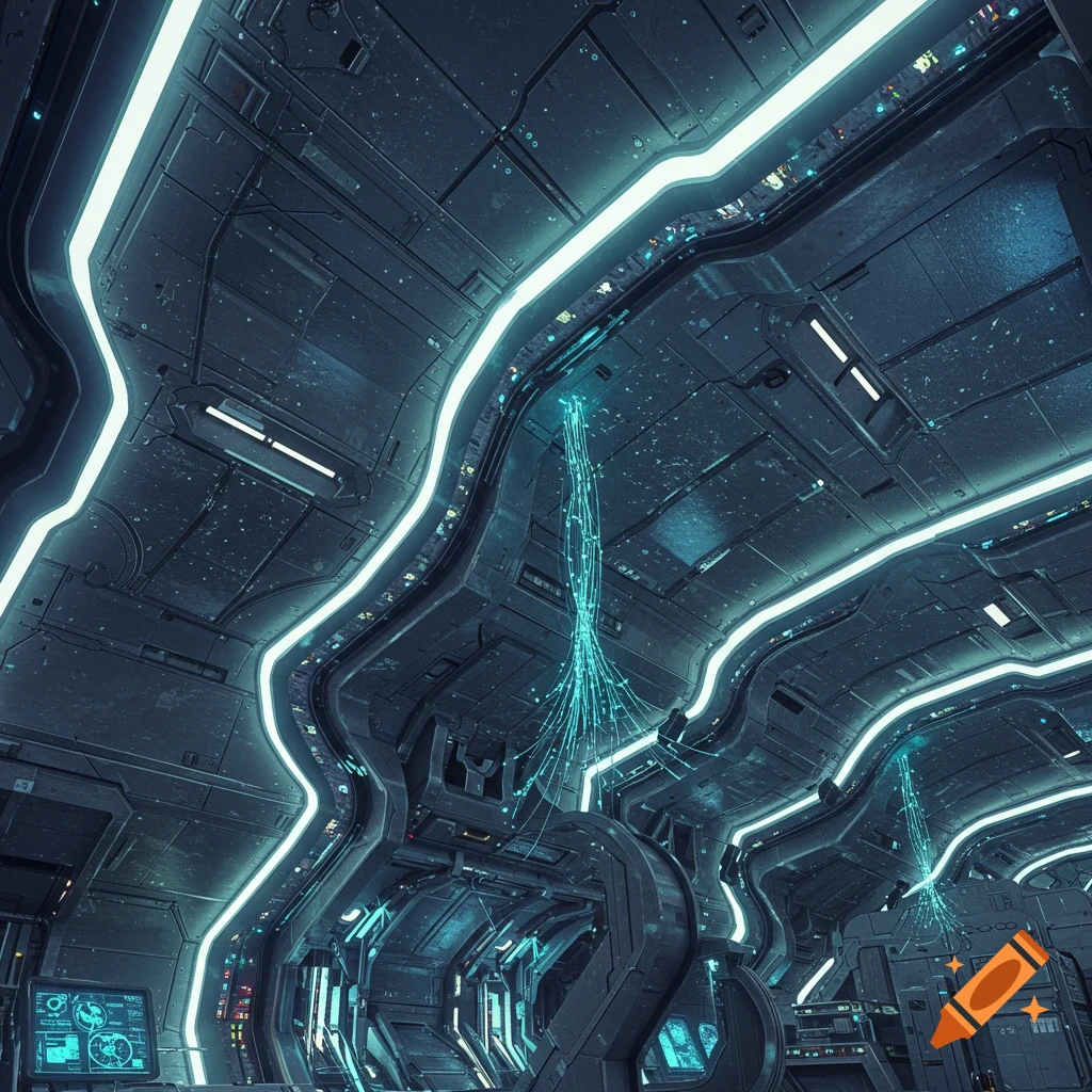 A detailed, futuristic spaceship interior with glowing blue lights and ...