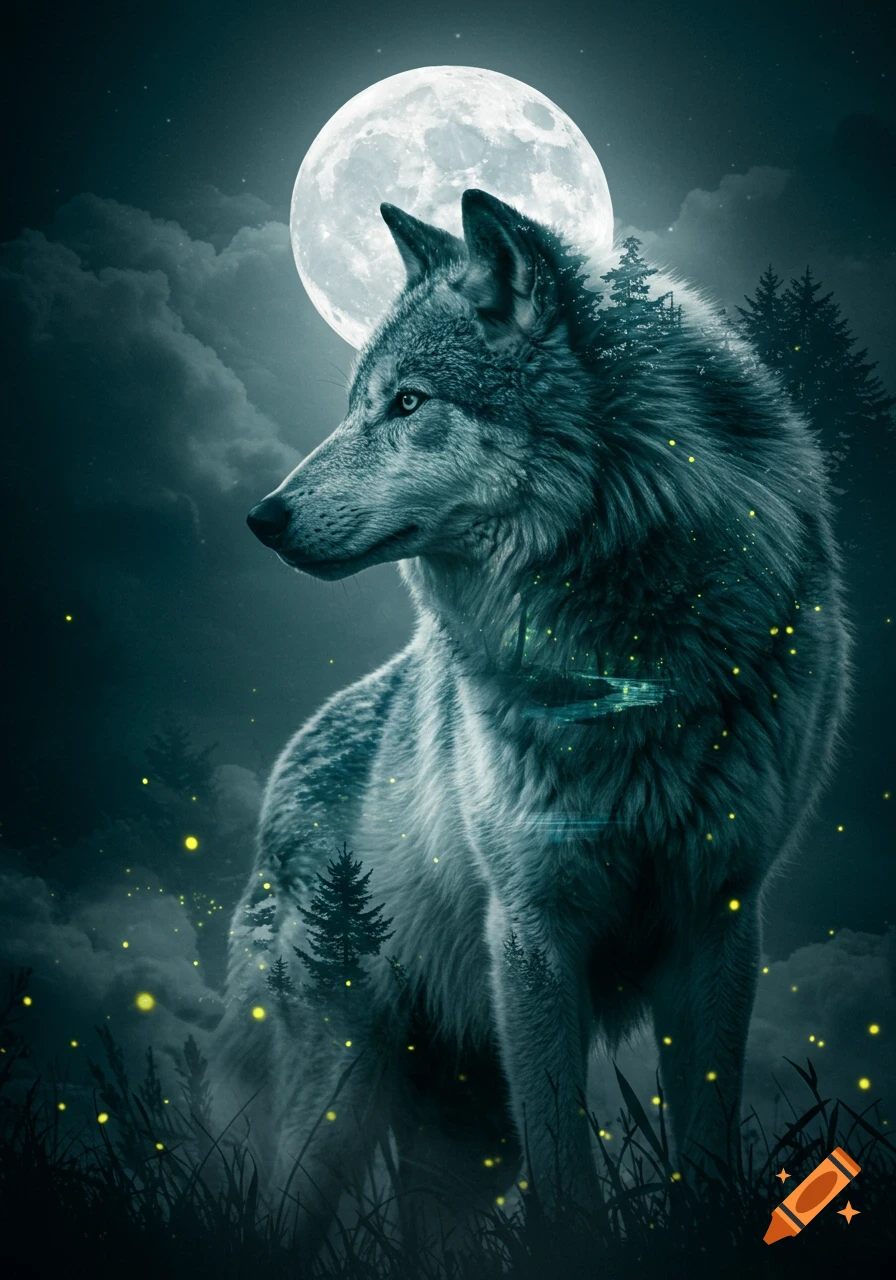 A gray wolf wearing a red fedora stands with a raised paw on a leaf ...