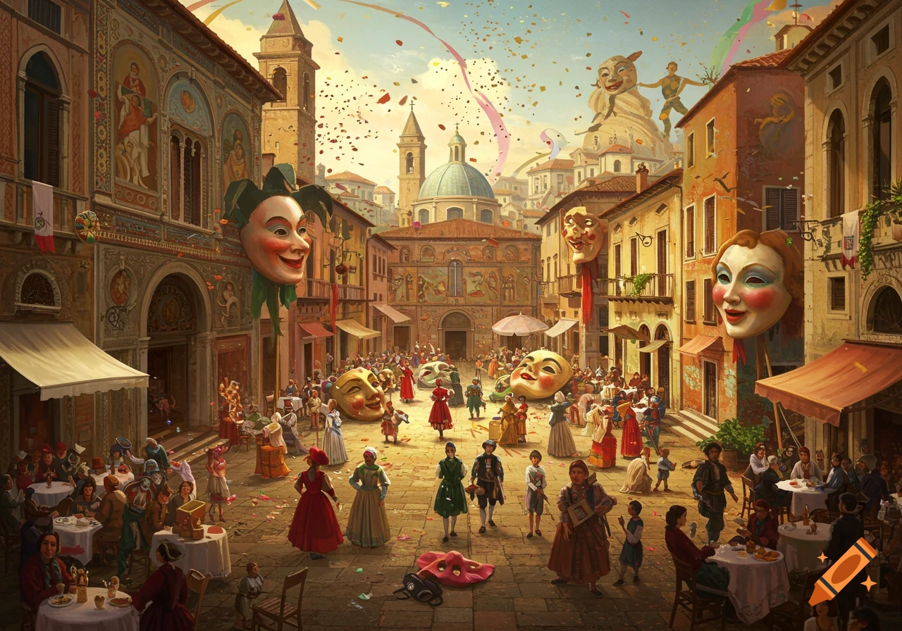 A vibrant, detailed painting depicts a busy Italian street carnival ...