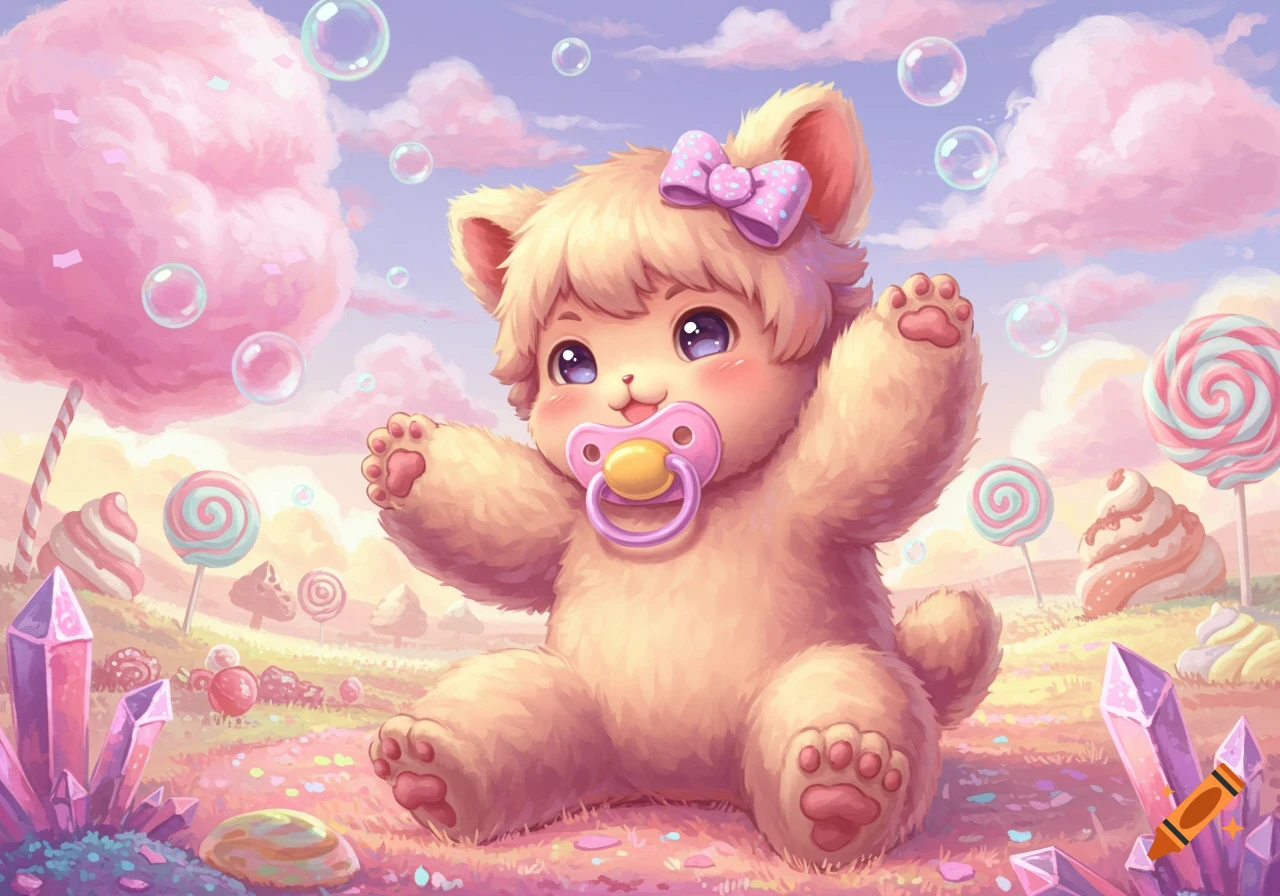 A young woman in a pink fluffy bear costume with pearls stands in a ...