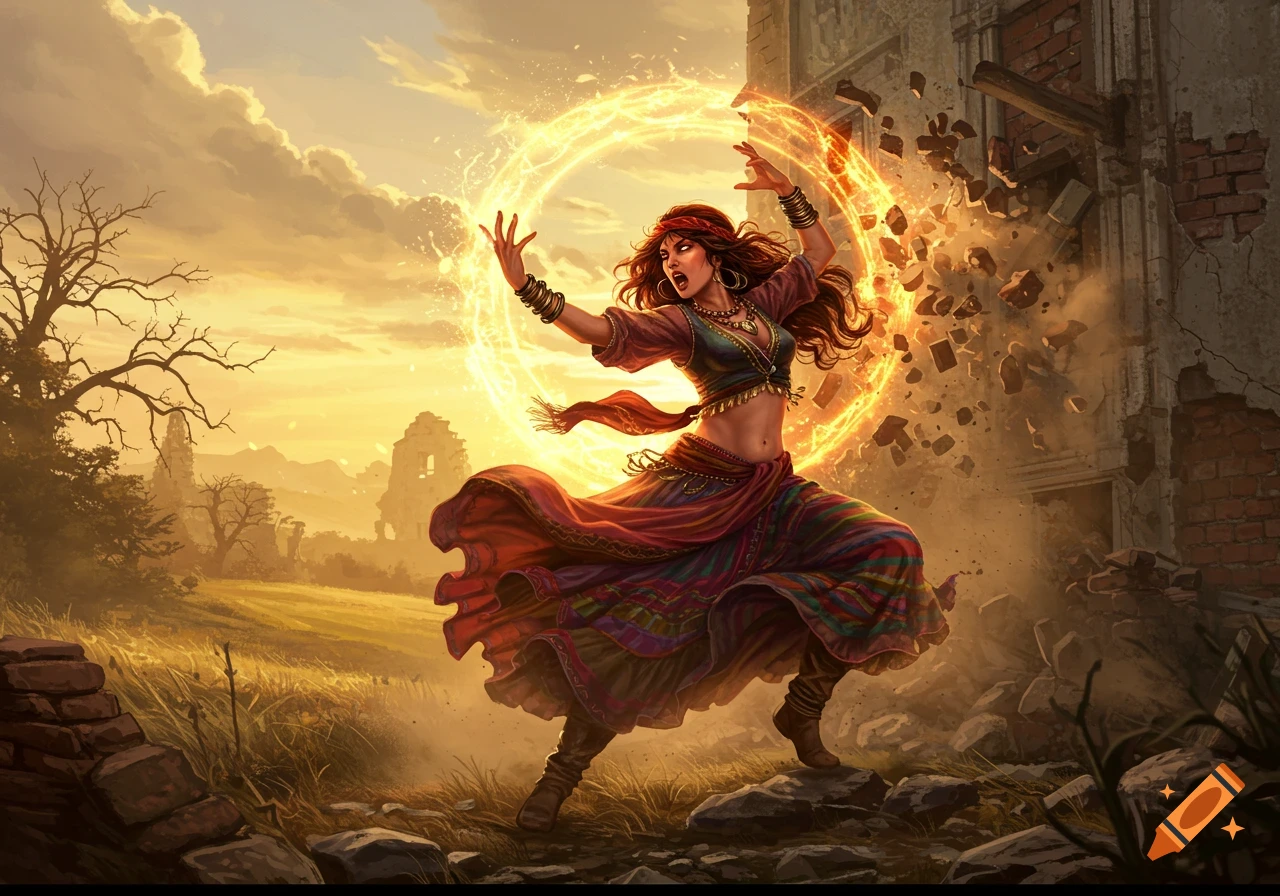 A fantasy illustration of a woman in colorful clothes casting a glowing ...