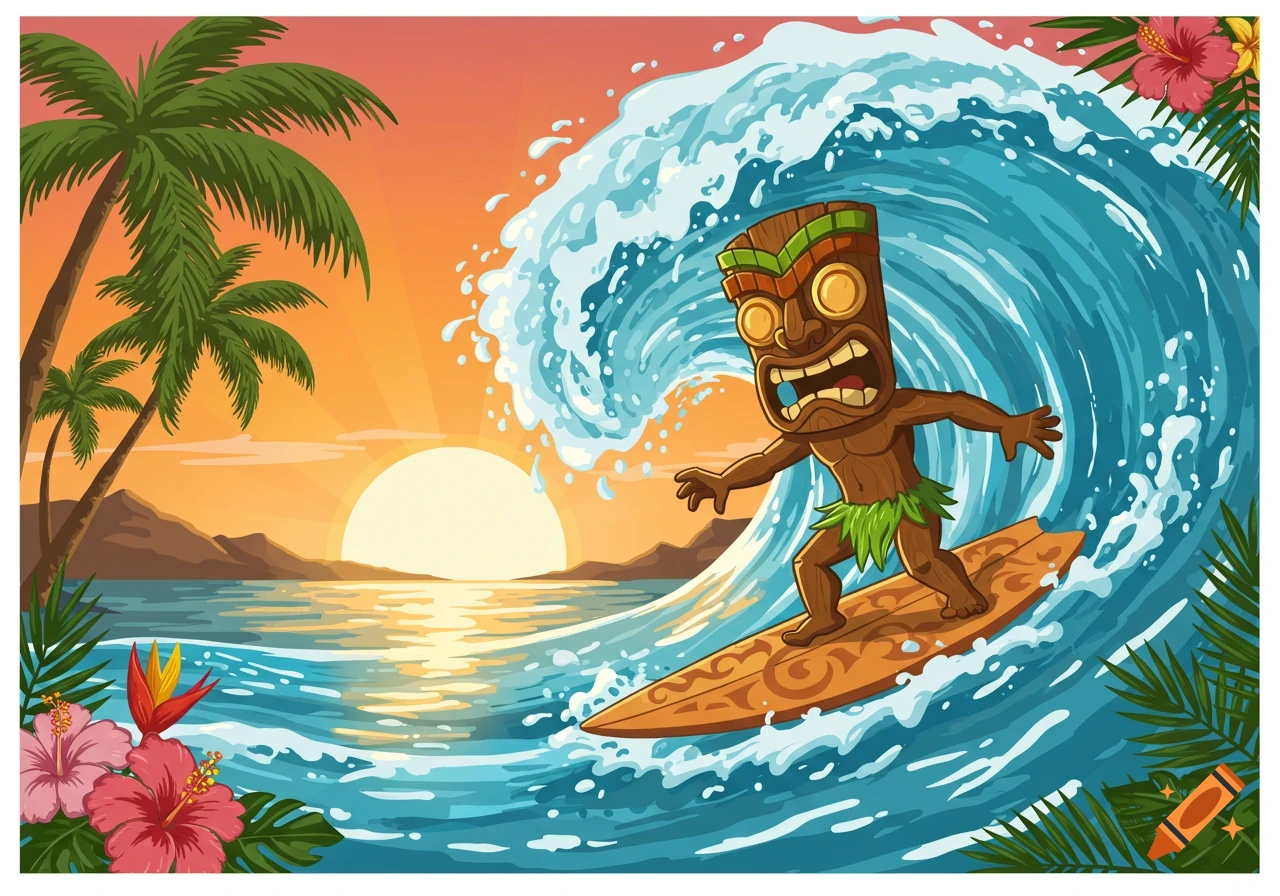 Cartoon illustration of red crabs on a tropical beach at sunset ...